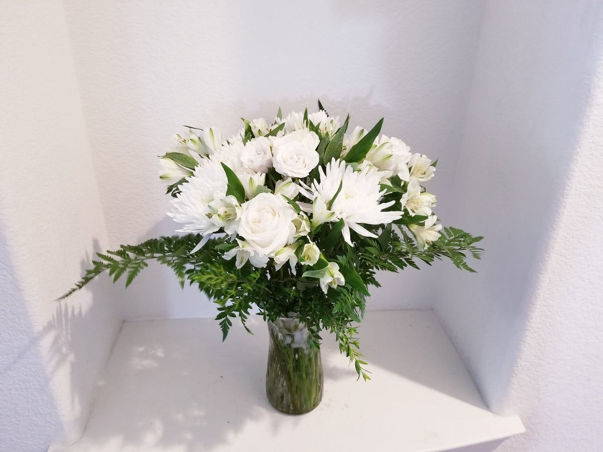 All White Designer's Choice - Traditional Clear Glass Vase Arrangement ...