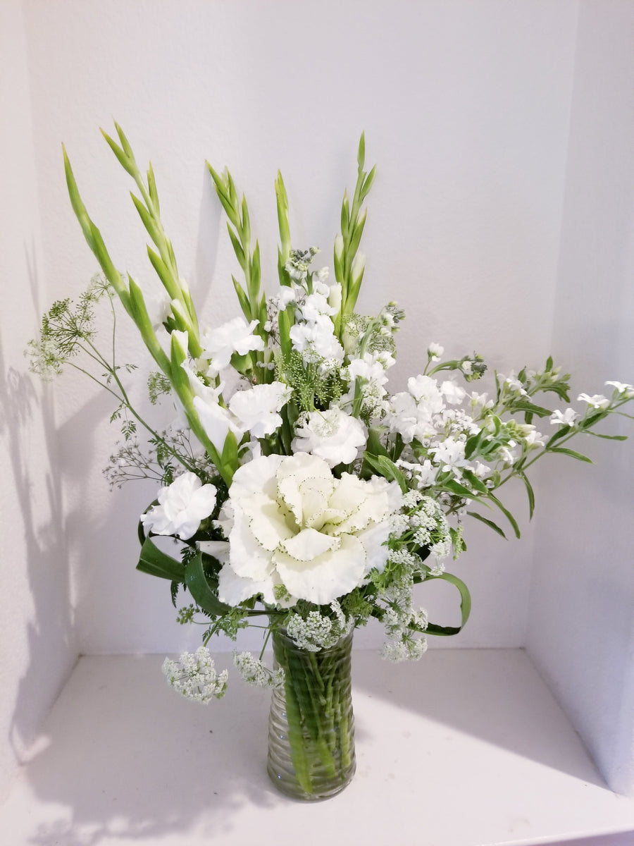 White Gladiolus and Seasonal Flower Arrangement – LeLe Floral